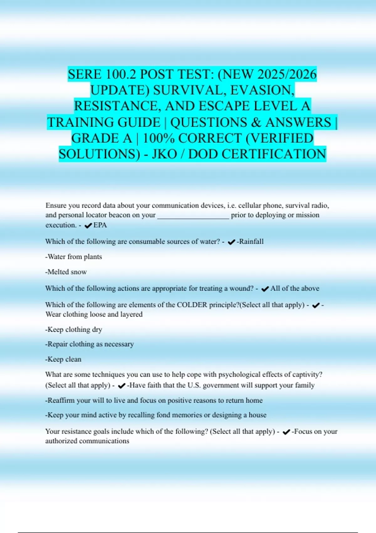SERE 100.2 POST TEST: (NEW 2025/2026 UPDATE) SURVIVAL, EVASION ...