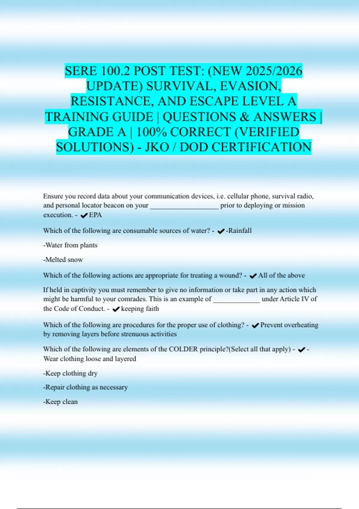 SERE 100.2 POST TEST: (NEW 2025/2026 UPDATE) SURVIVAL, EVASION ...