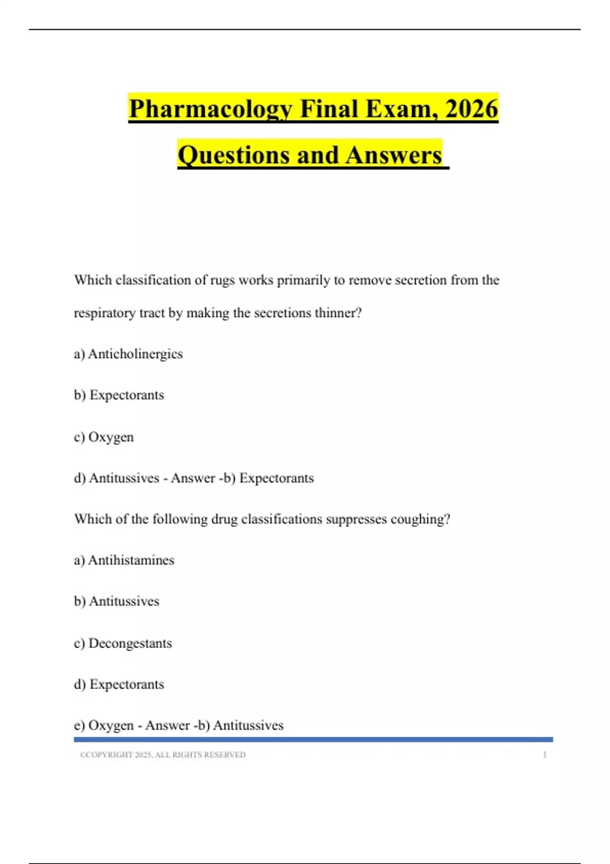 Pharmacology Final Exam, 2026 Questions and Answers - United Airlines ...