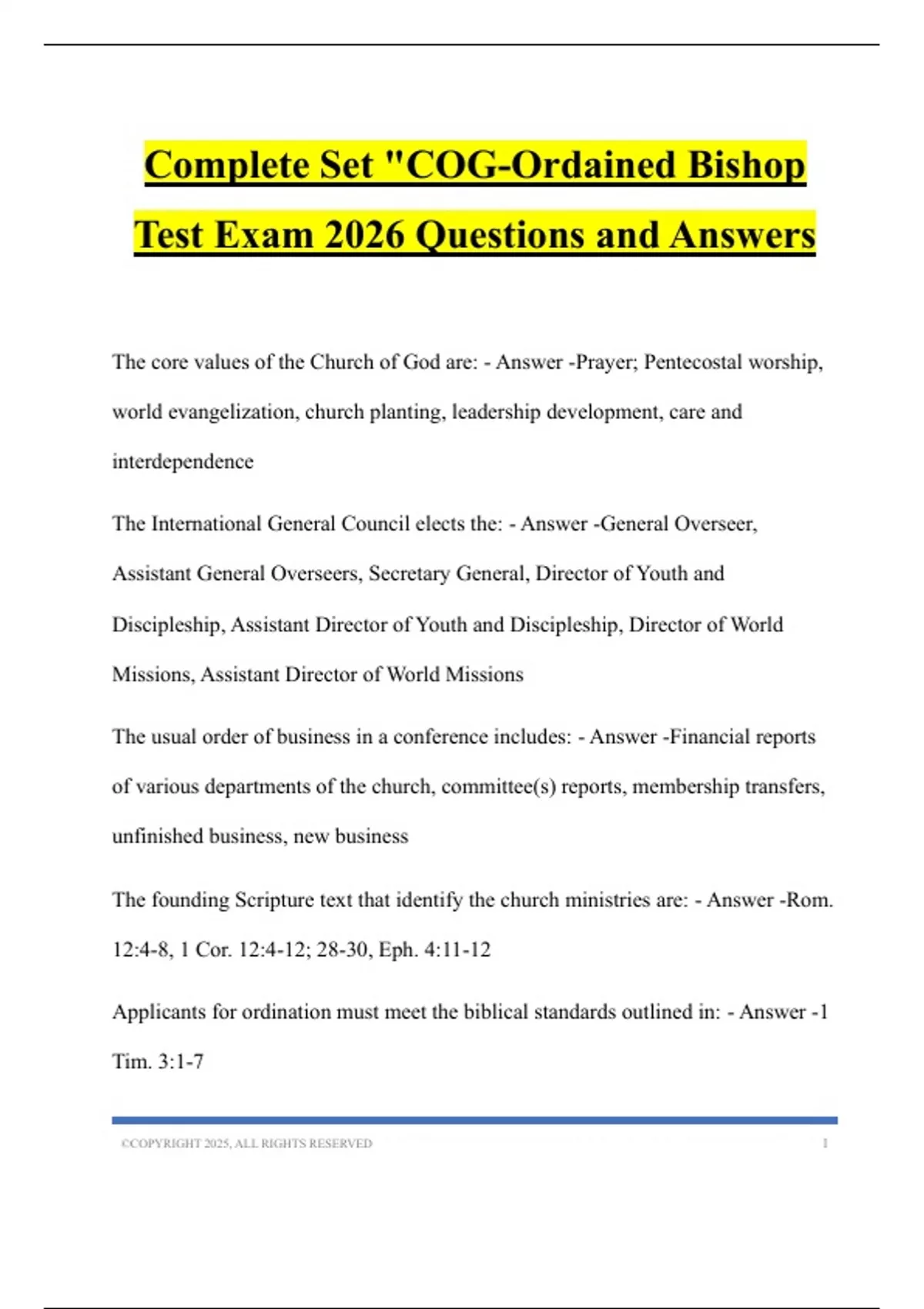 Complete Set "COG-Ordained Bishop Test Exam 2026 Questions and Answers ...