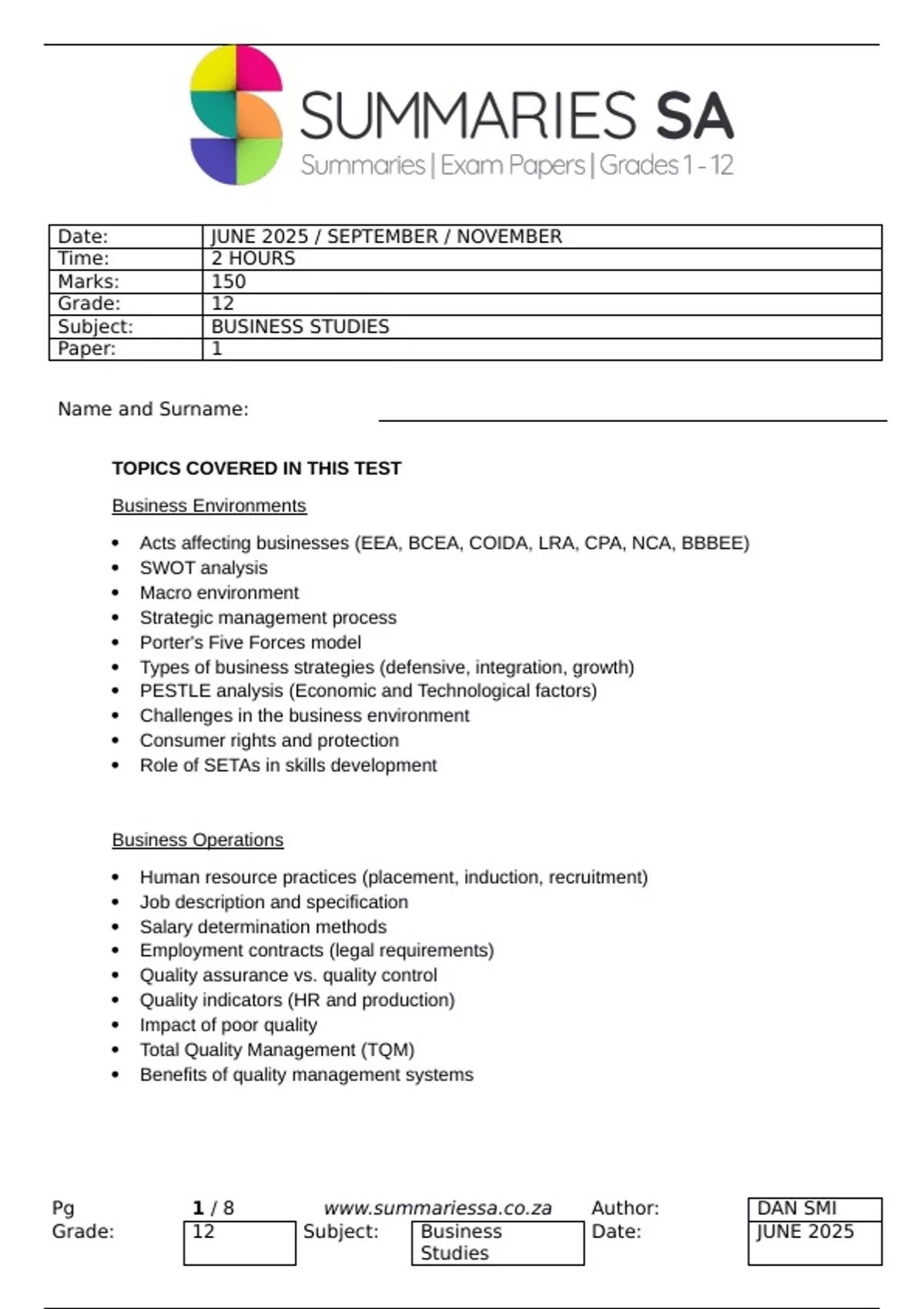 Grade 12 Business Studies (BS) June Paper 1 and Memo - 2025 - Business ...