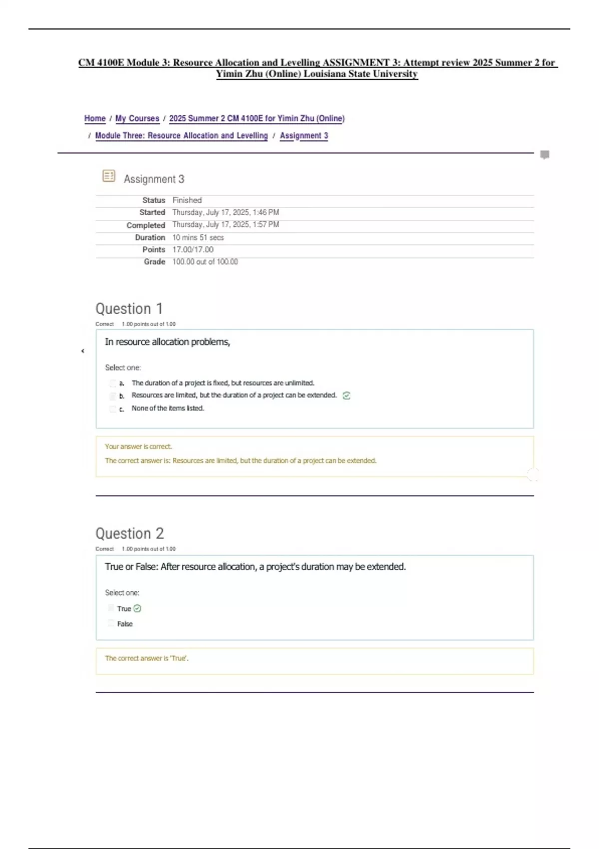 CM 4100E Module 3: Resource Allocation and Levelling ASSIGNMENT 3: Attempt review 2025 Summer 2 ...