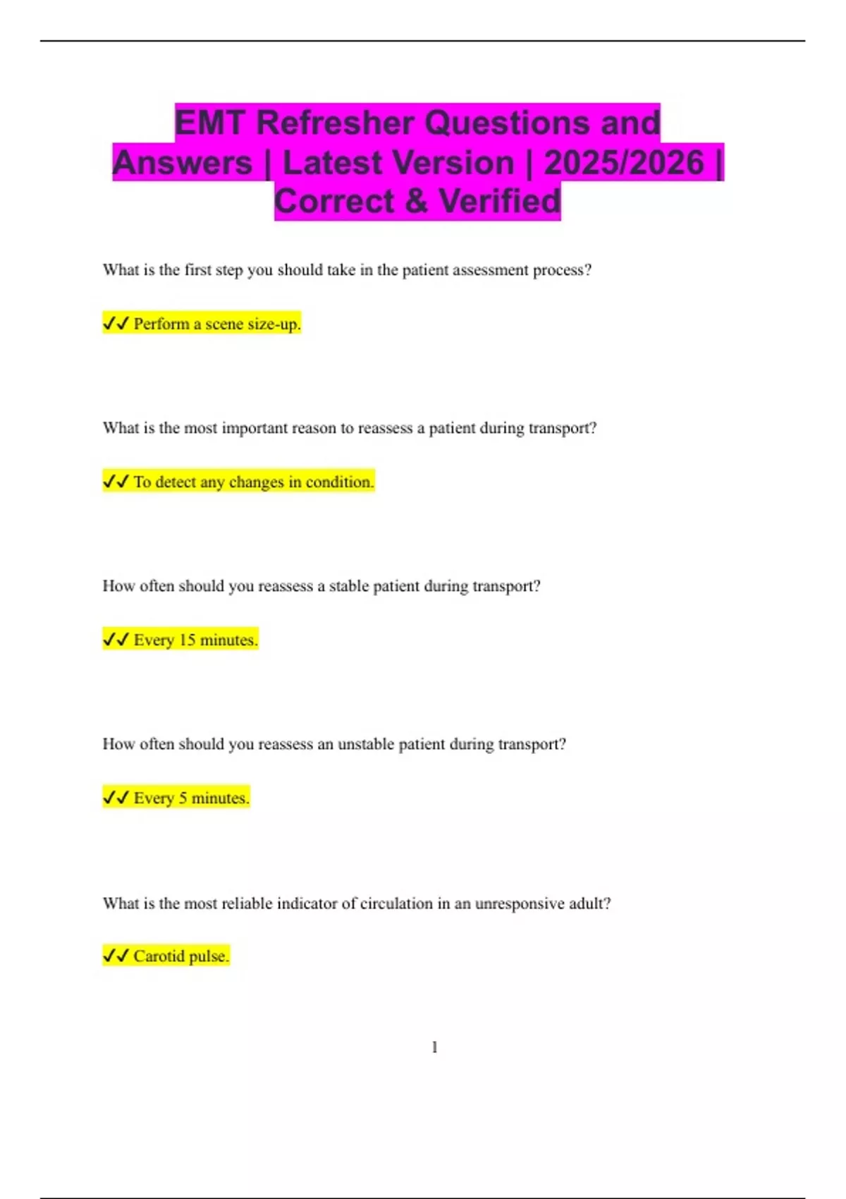 EMT Refresher Questions and Answers | Latest Version | 2025/2026 ...