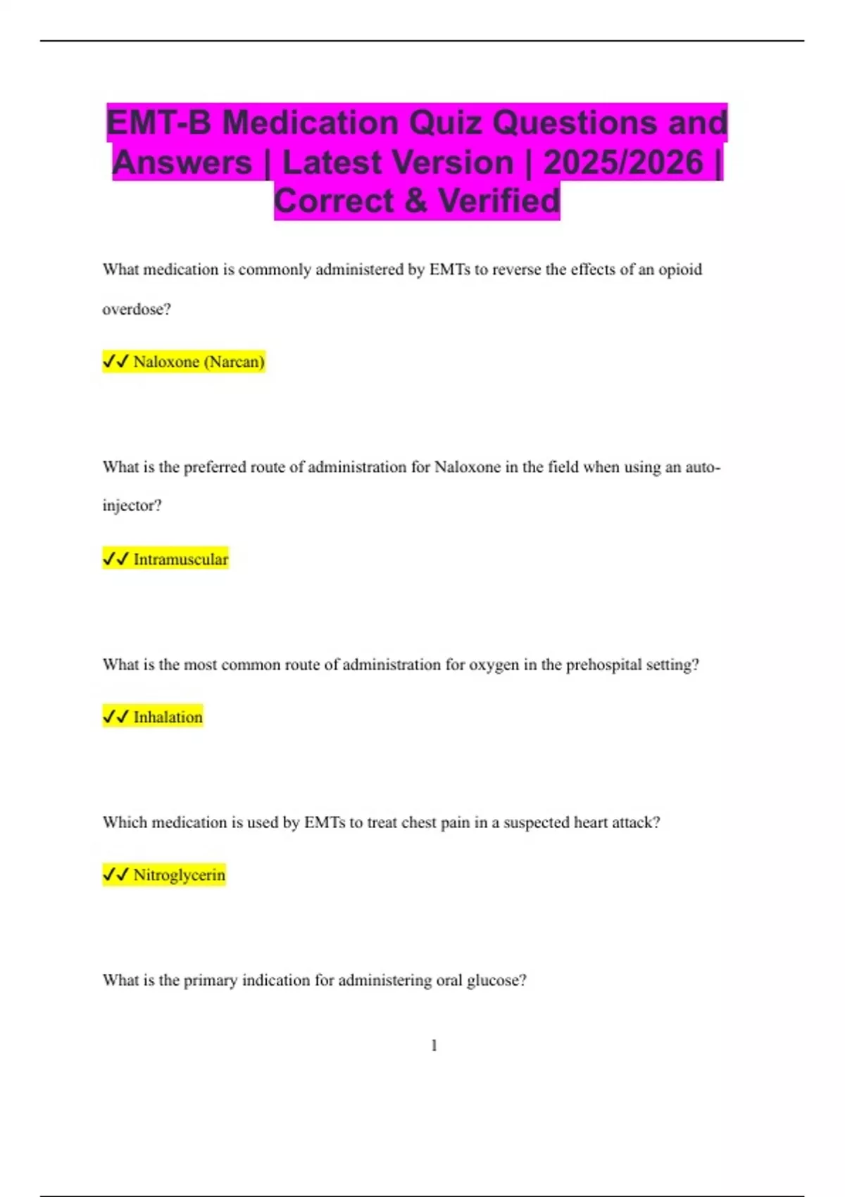 EMT-B Medication Quiz Questions and Answers | Latest Version | 2025/ ...