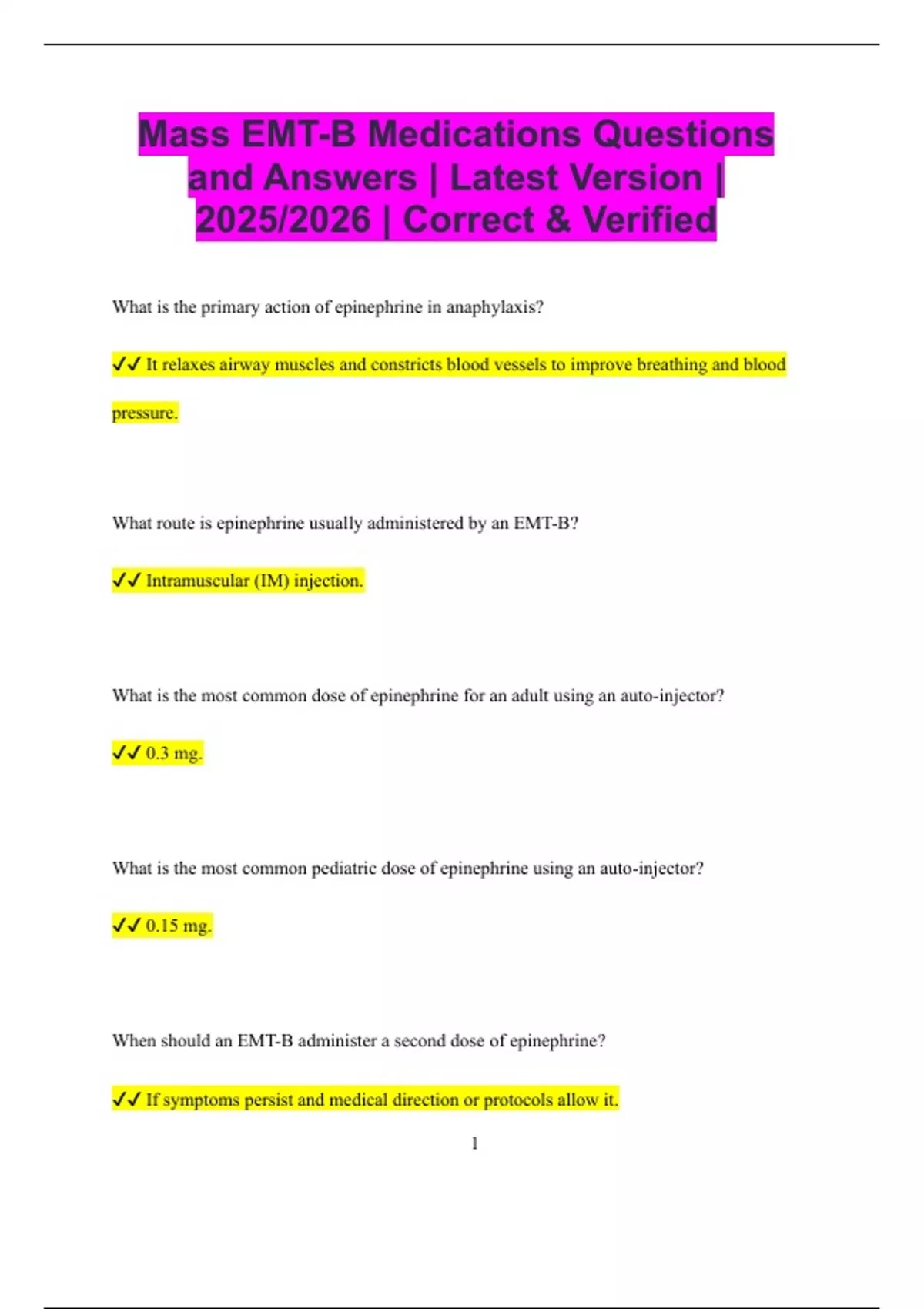 Mass EMT-B Medications Questions and Answers | Latest Version | 2025/ ...