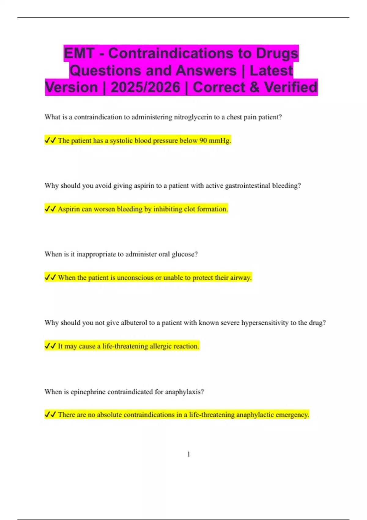 EMT - Contraindications to Drugs Questions and Answers | Latest Version ...