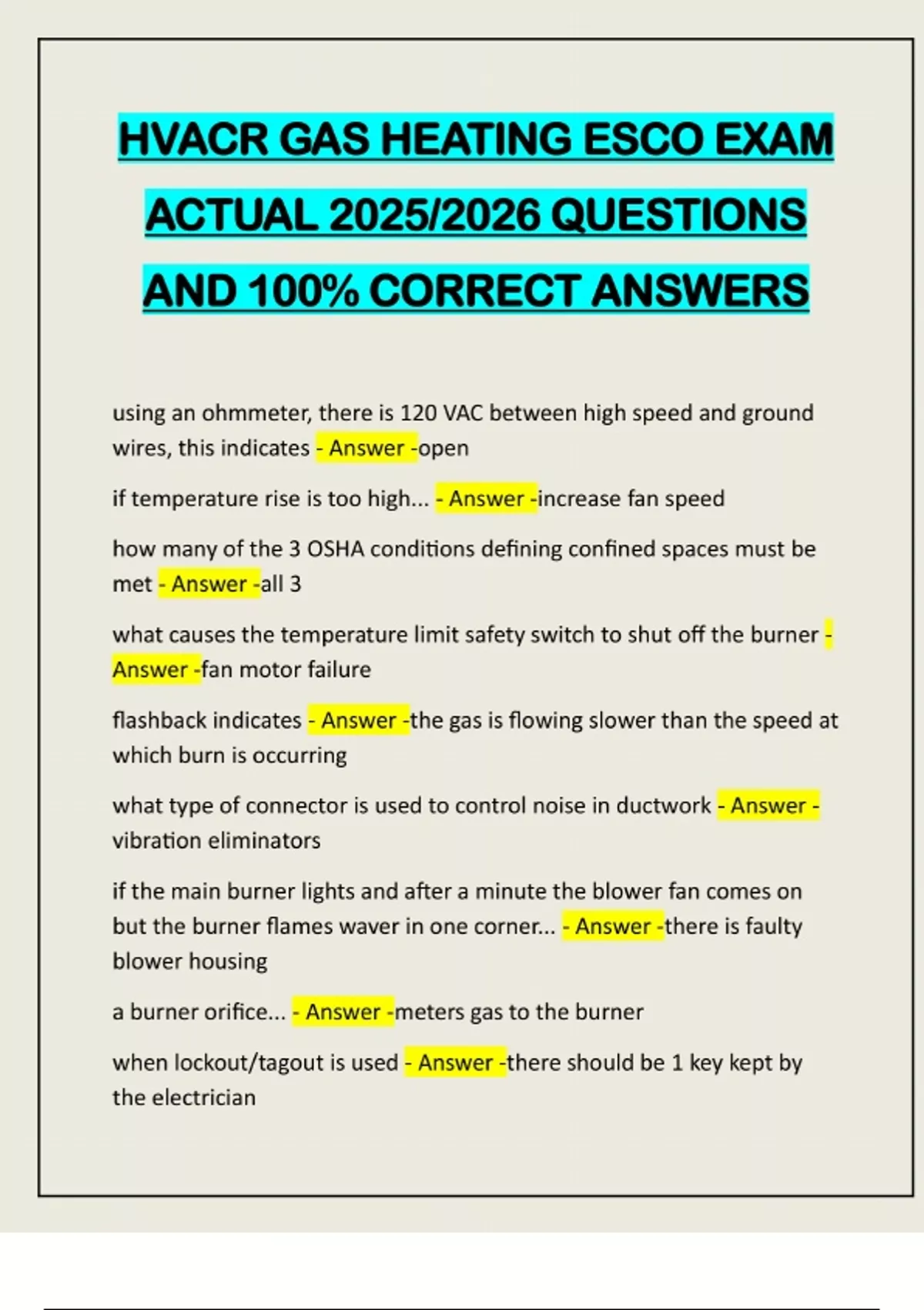 HVACR GAS HEATING ESCO EXAM ACTUAL 2025/2026 QUESTIONS AND 100% CORRECT ...