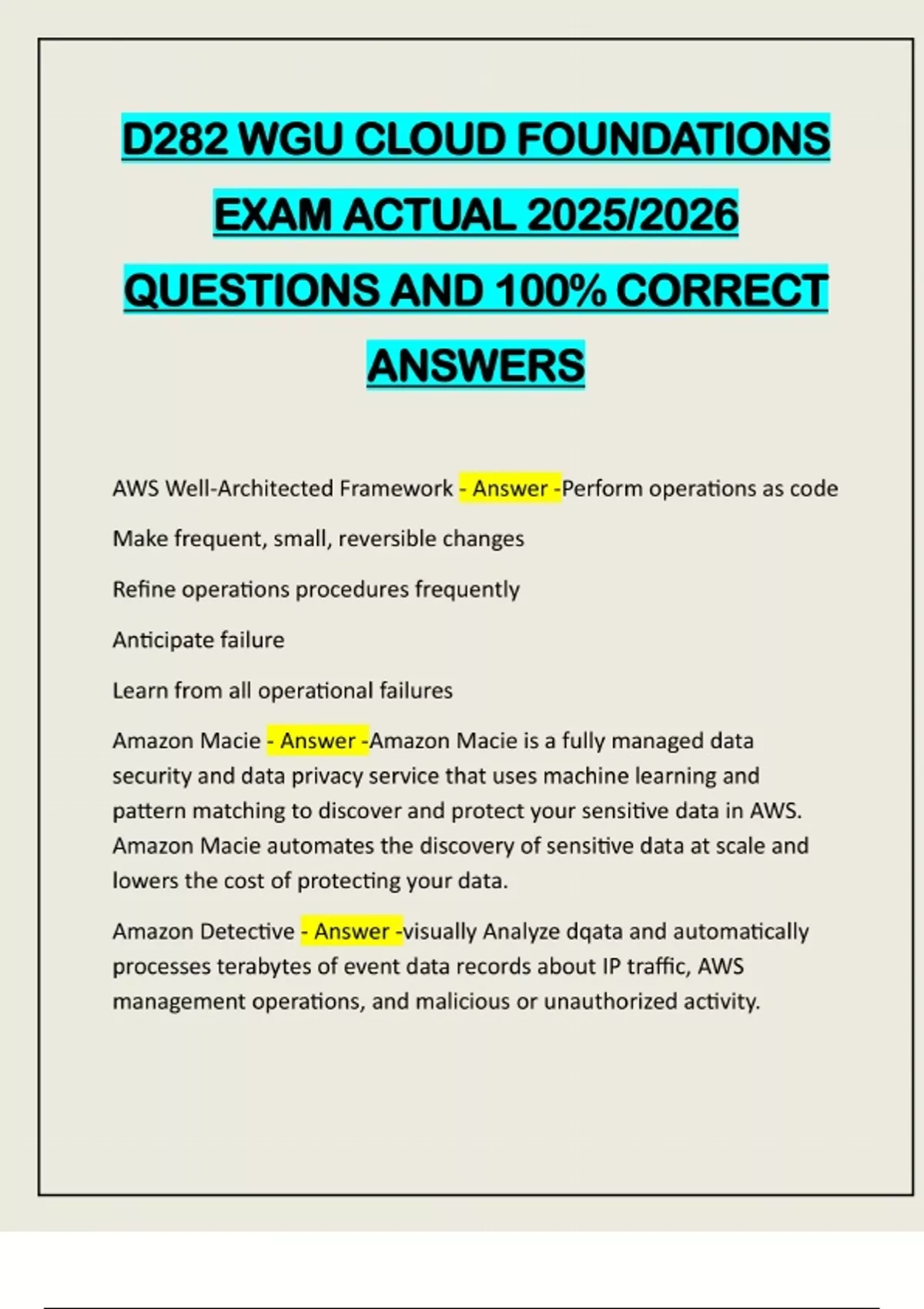 D282 WGU CLOUD FOUNDATIONS EXAM ACTUAL 2025/2026 QUESTIONS AND 100% CORRECT ANSWERS - D282 ...