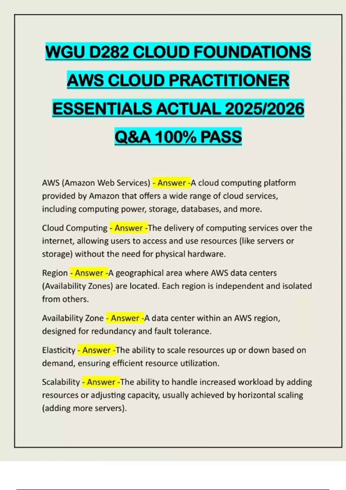 WGU D282 CLOUD FOUNDATIONS AWS CLOUD PRACTITIONER ESSENTIALS ACTUAL 2025/2026 Q&A 100% PASS ...