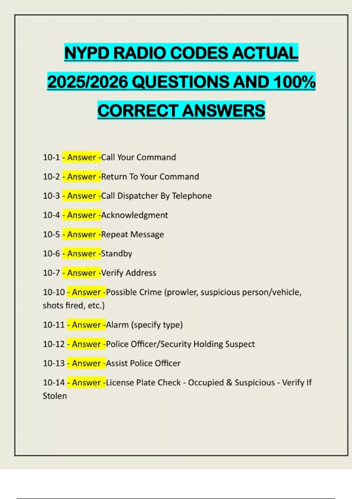 NYPD RADIO CODES ACTUAL 2025/2026 QUESTIONS AND 100% CORRECT ANSWERS ...