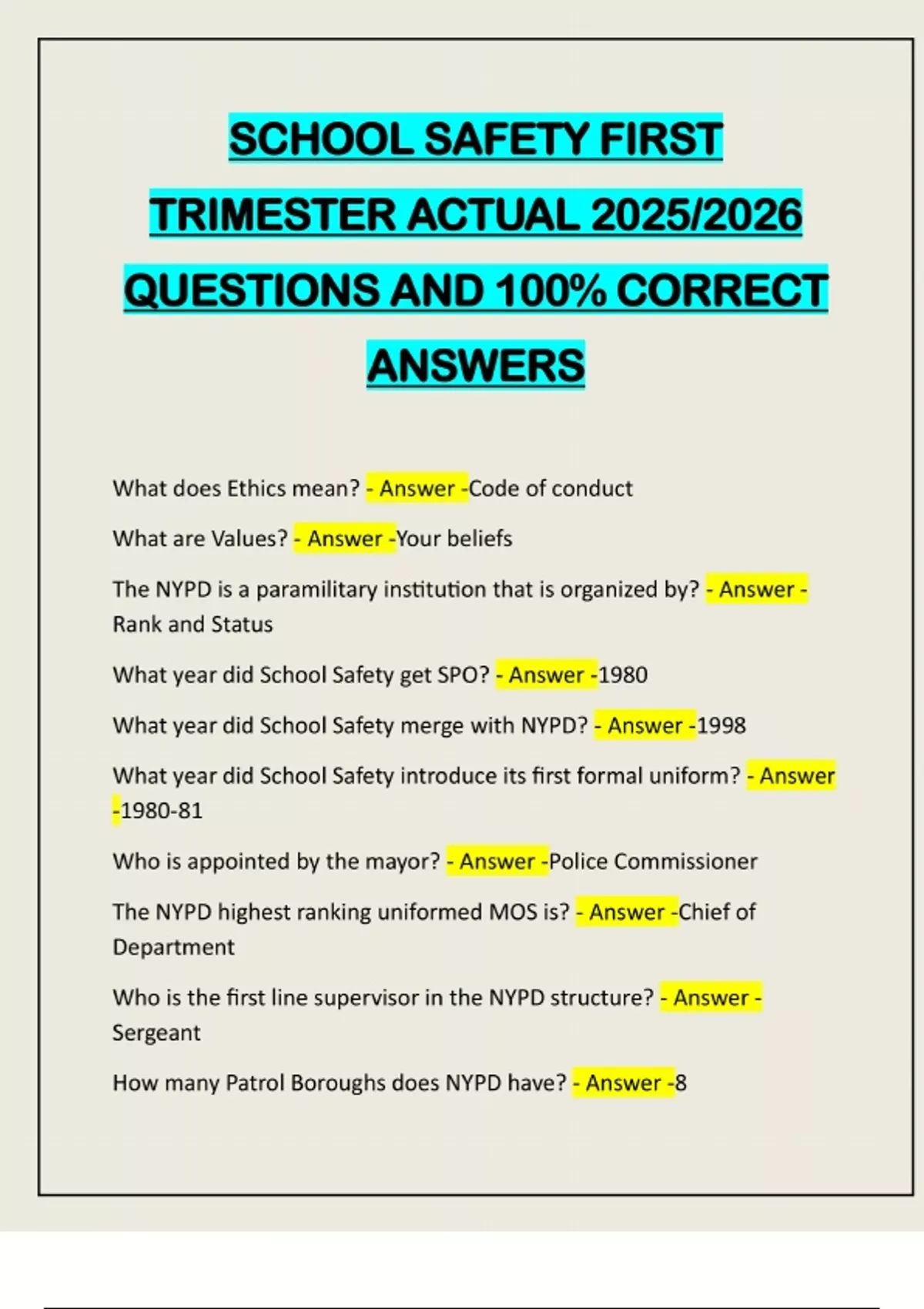 SCHOOL SAFETY FIRST TRIMESTER ACTUAL 2025/2026 QUESTIONS AND 100% ...