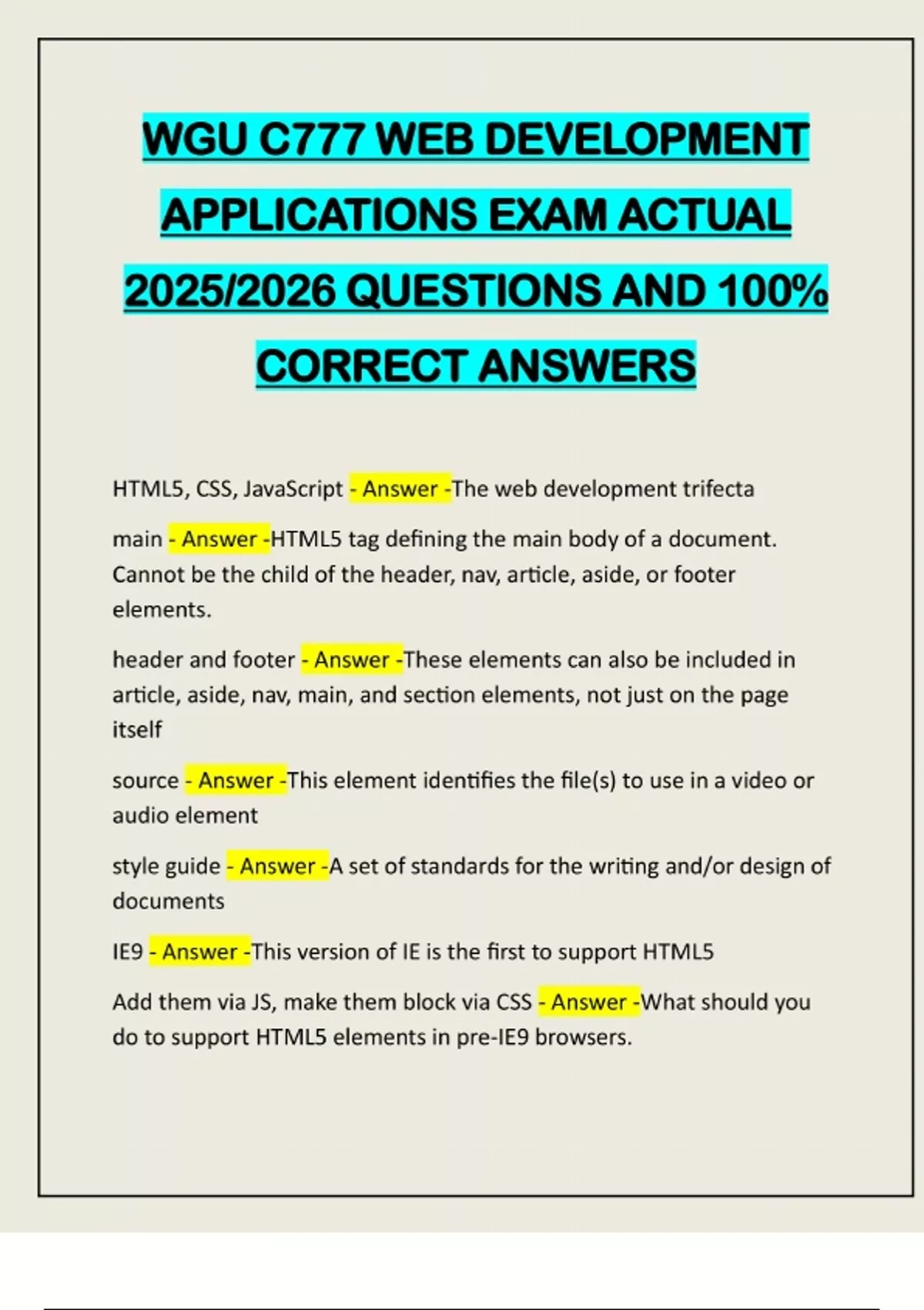 WGU C777 WEB DEVELOPMENT APPLICATIONS EXAM ACTUAL 2025/2026 QUESTIONS AND 100% CORRECT ANSWERS ...