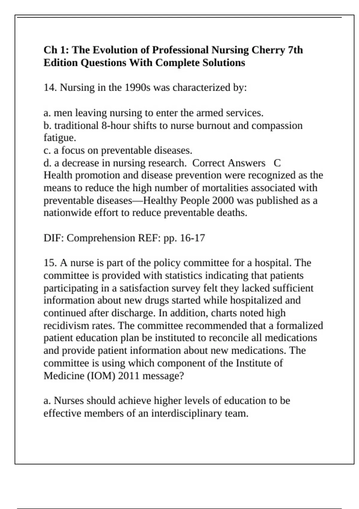 Ch 1: The Evolution of Professional Nursing Cherry 7th Edition Questions With Complete Solutions ...