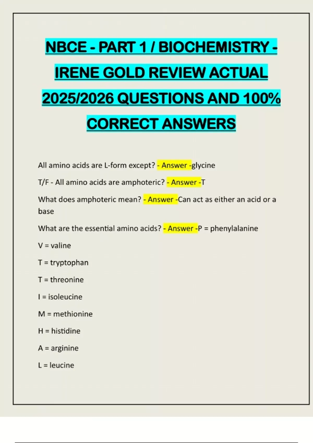 NBCE - PART 1 / BIOCHEMISTRY - IRENE GOLD REVIEW ACTUAL 2025/2026 ...