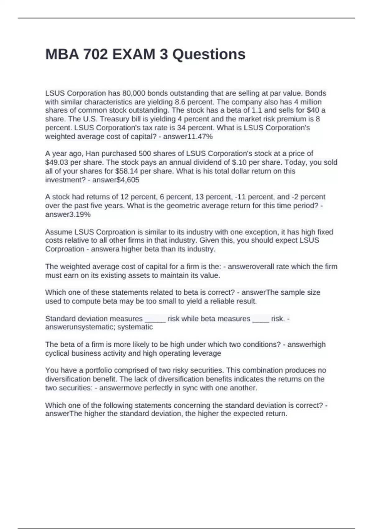 MBA 702 EXAM 3 Questions with Accurate Answers 2025 - MBA 702 - Stuvia US