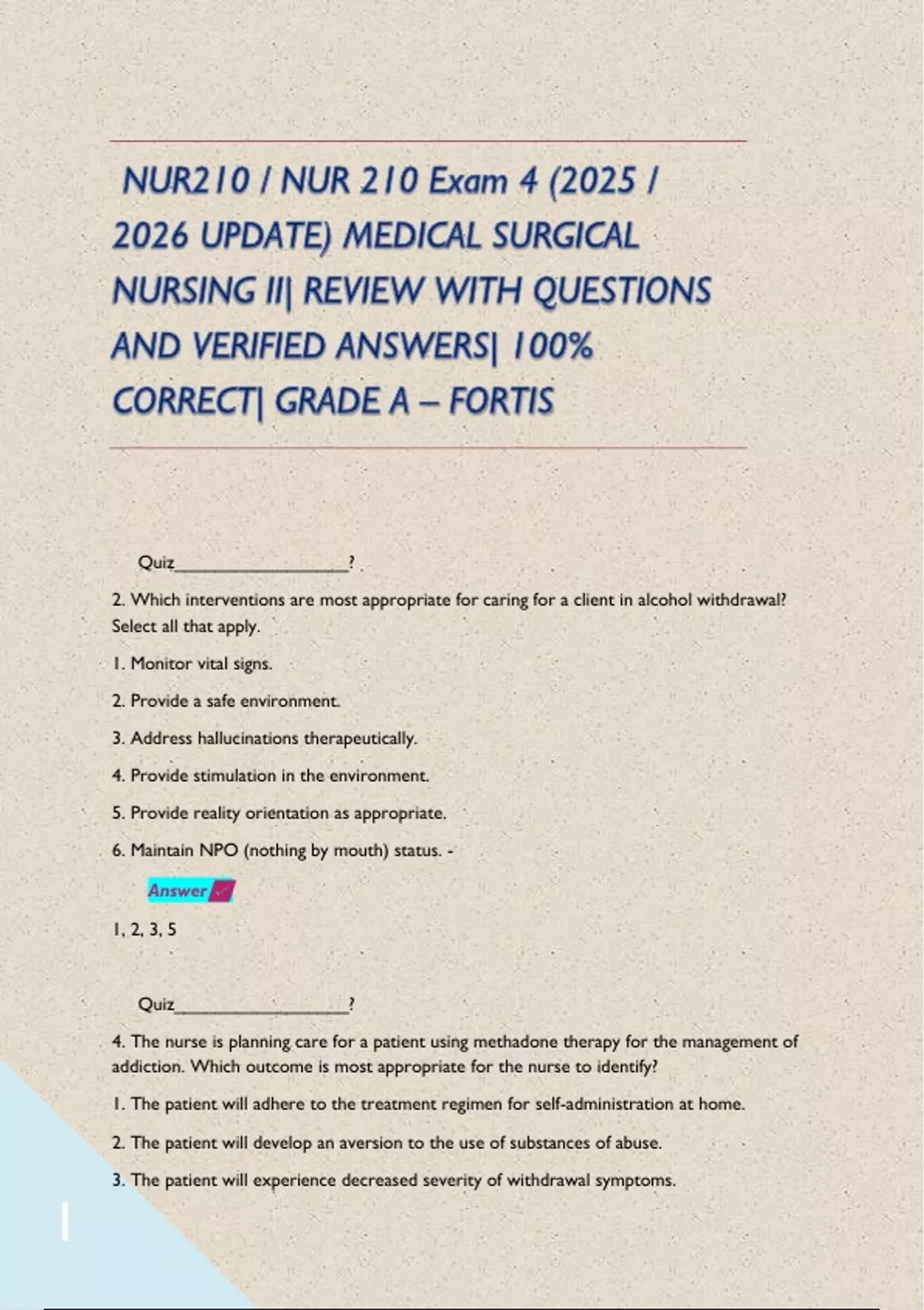 NUR210 / NUR 210 Exam 4 (2025 / 2026 UPDATE) MEDICAL SURGICAL NURSING ...