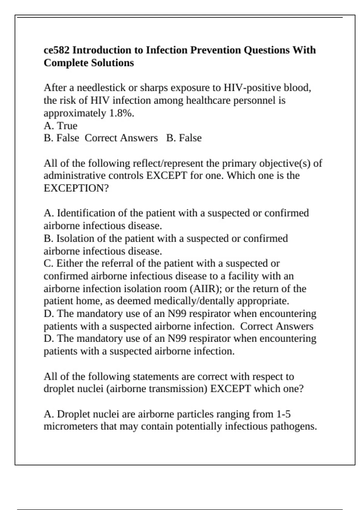 ce582 Introduction to Infection Prevention Questions With Complete ...