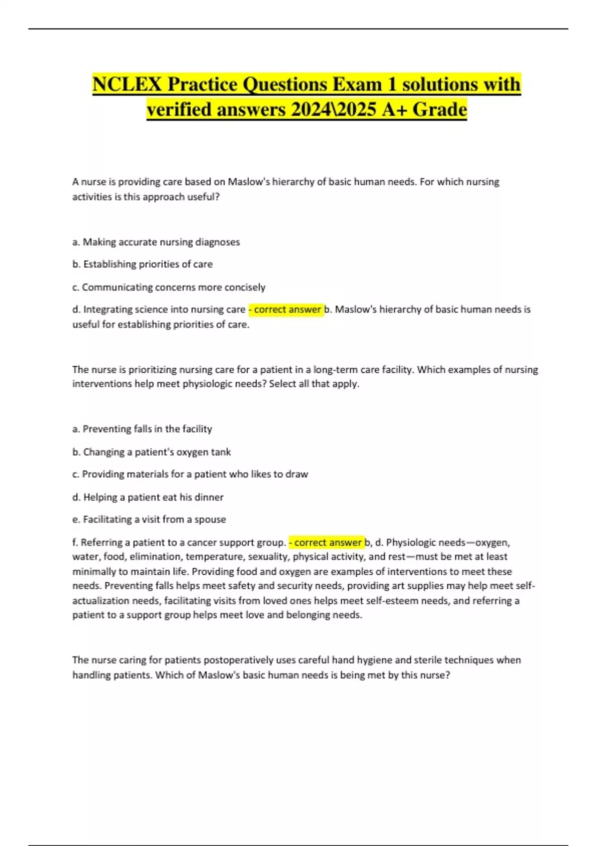 NCLEX Practice Questions Exam 1 | Questions and Answers with Verified ...