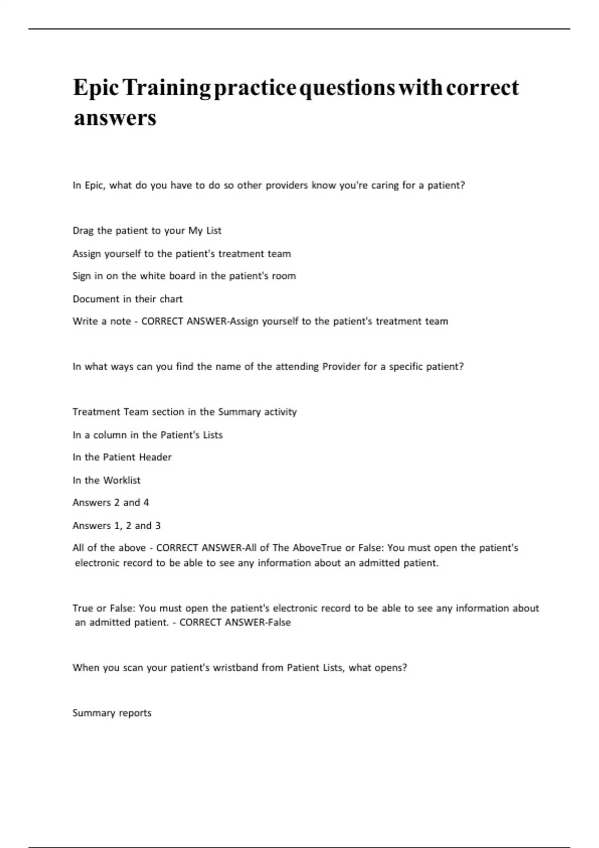 Epic Training practice questions with correct answers - Epic tr - Stuvia US