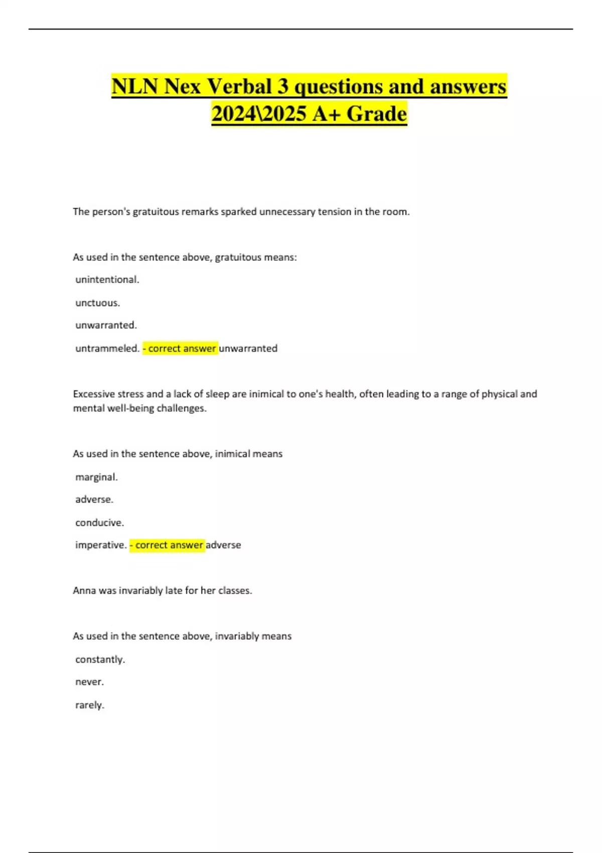 NLN NEX Verbal – 3 Actual Exam Questions and Answers 2024/2025 – A+ ...