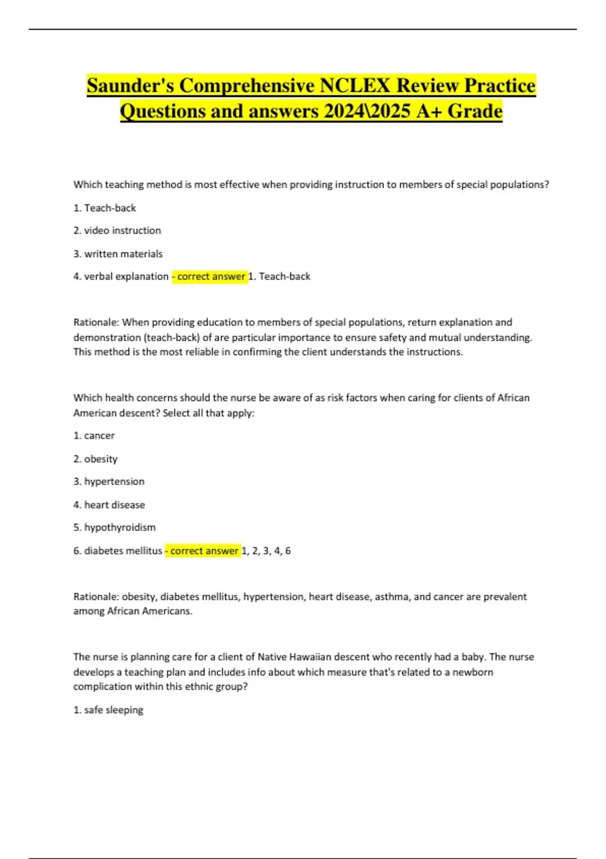 Saunders Comprehensive NCLEX Review Practice Questions and Answers 2024 ...
