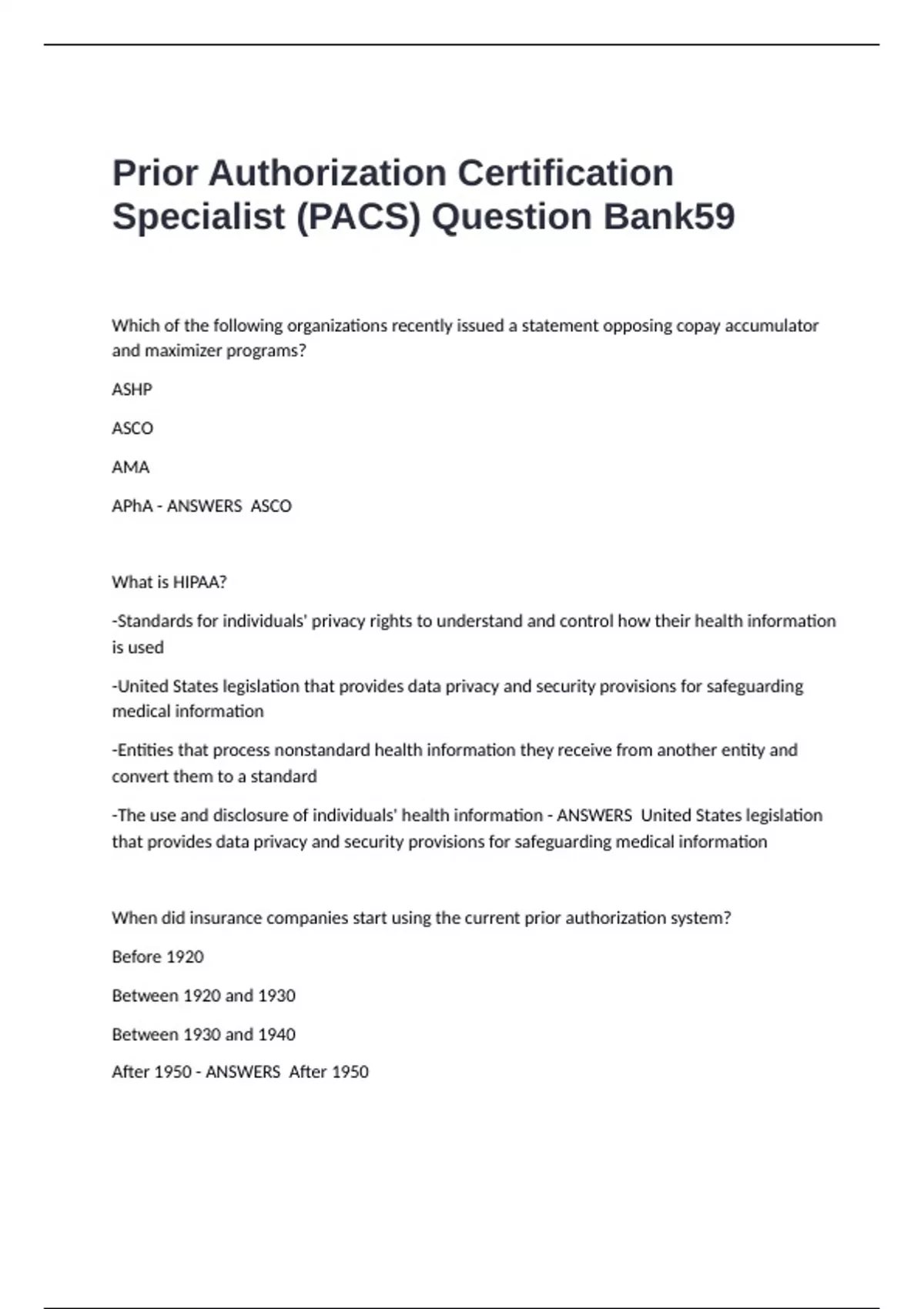 Prior Authorization Certification Specialist (PACS) Question Bank - Prior Authorization ...