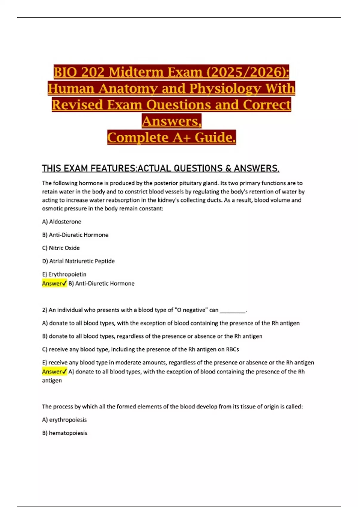 BIO 202 Midterm Exam (2025/2026): Human Anatomy and Physiology With ...