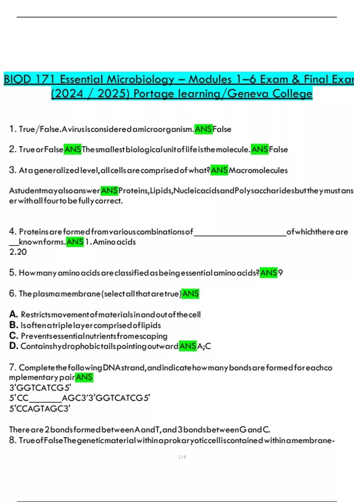 BIOD 171 Essential Microbiology – Modules 1–6 Exam & Final Exam (2024 / ...