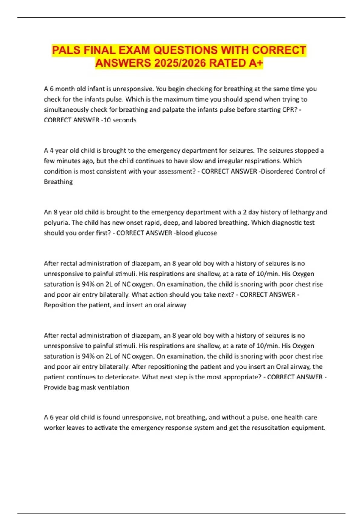 PALS FINAL EXAM QUESTIONS WITH CORRECT ANSWERS 2025/2026 RATED A+ ...