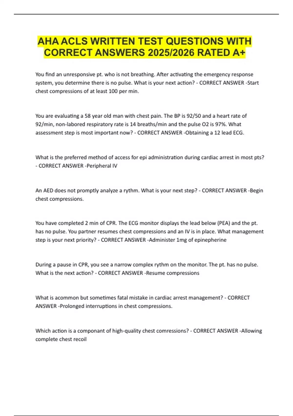 AHA ACLS WRITTEN TEST QUESTIONS WITH CORRECT ANSWERS 2025/2026 RATED A+ ...