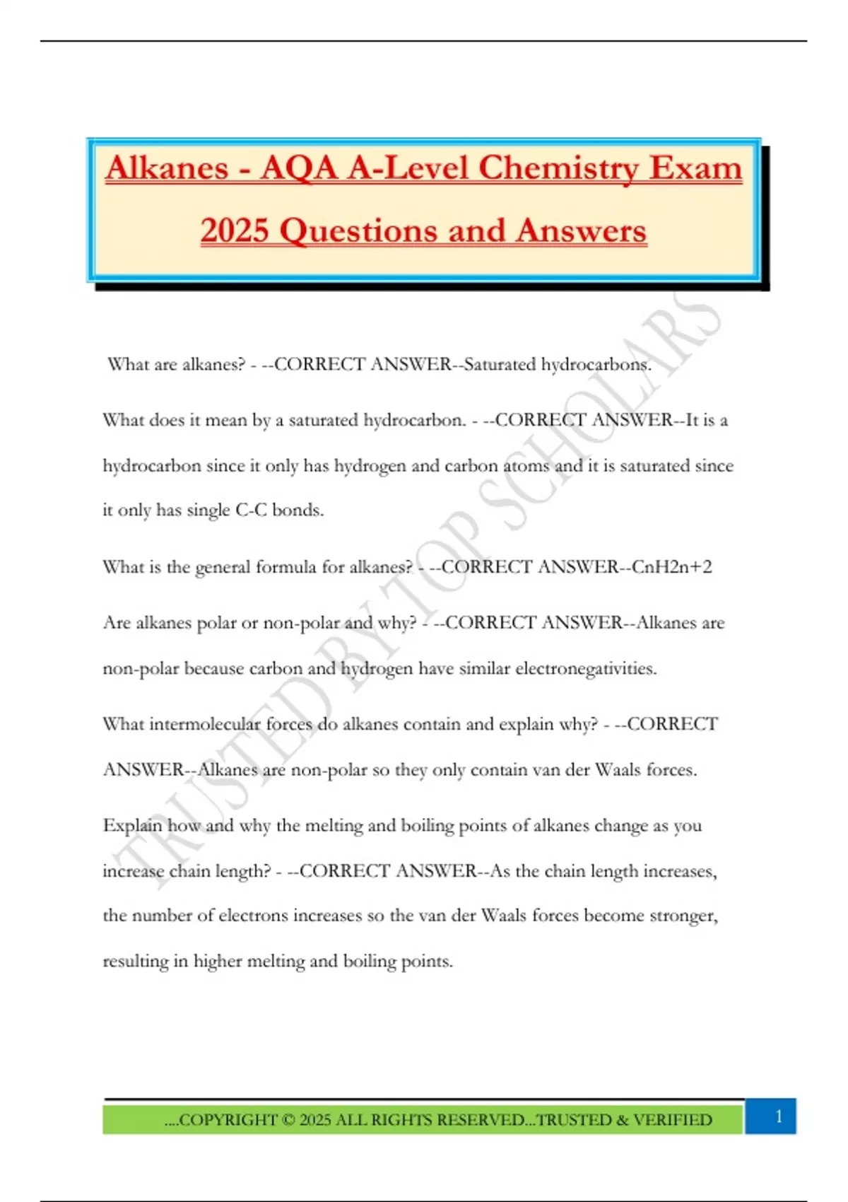 Alkanes - AQA A-Level Chemistry Exam 2025 Questions and Answers - AQA A level Chemistry - Stuvia US