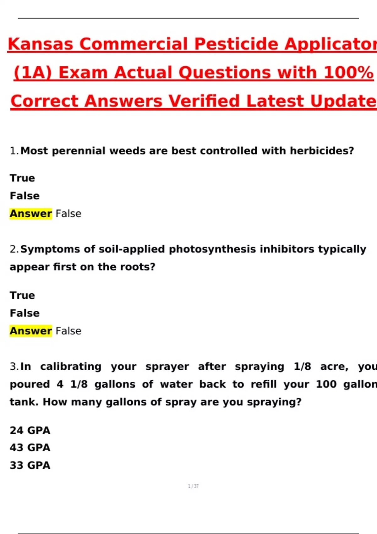 Kansas Commercial Pesticide Applicator (1A) Exam Latest 2025 Actual ...
