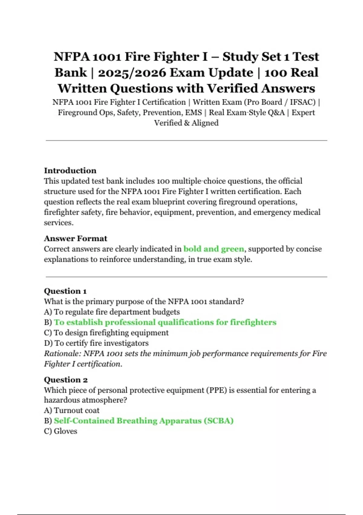NFPA 1001 Fire Fighter I & II Exam Questions | Verified Package Deal ...