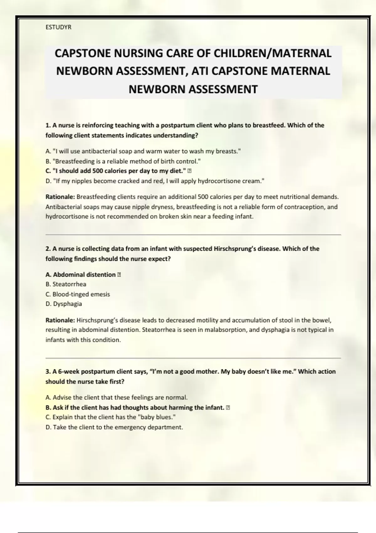 CAPSTONE NURSING CARE OF CHILDREN/MATERNAL NEWBORN ASSESSMENT, ATI ...