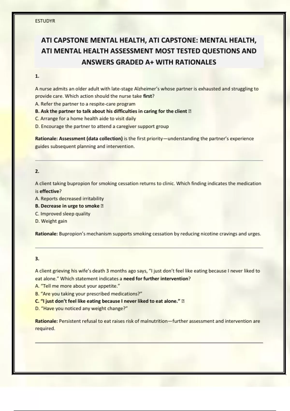 ATI CAPSTONE MENTAL HEALTH, ATI CAPSTONE: MENTAL HEALTH, ATI MENTAL ...