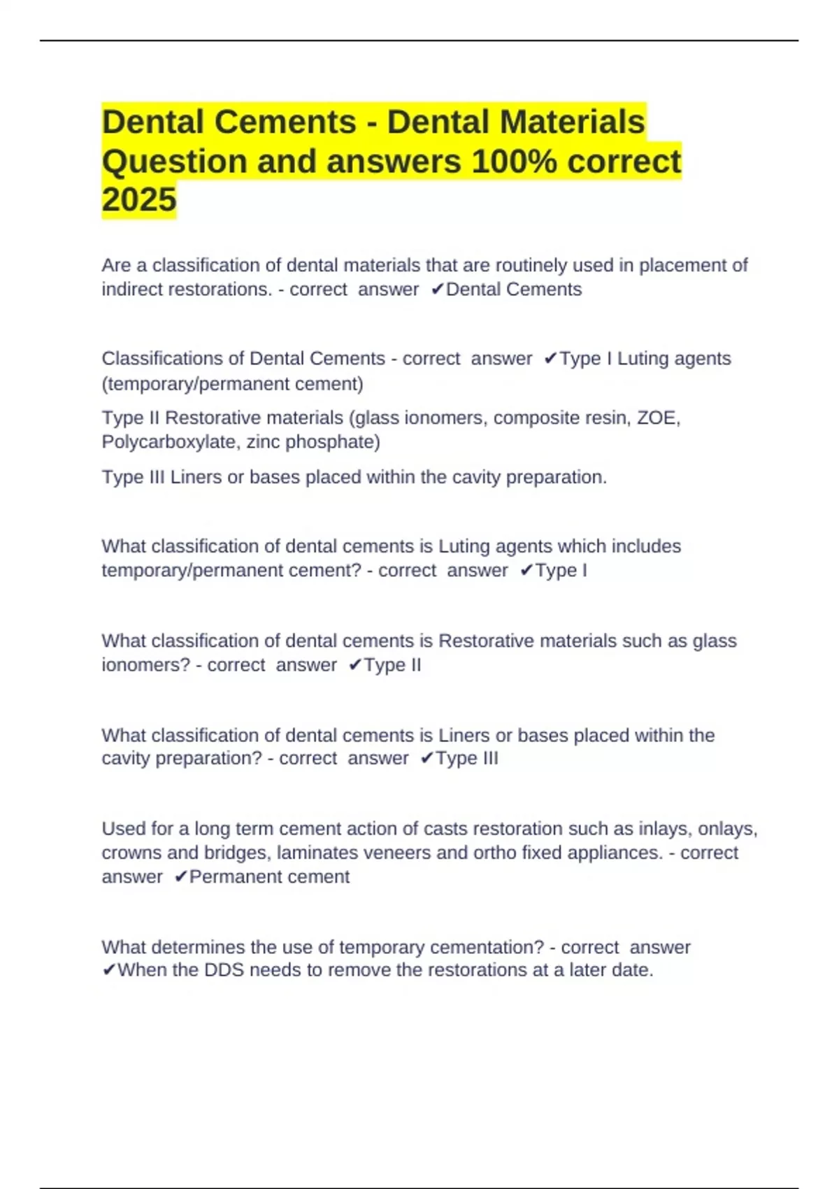 Dental Cements - Dental Materials Question and answers 100% correct ...