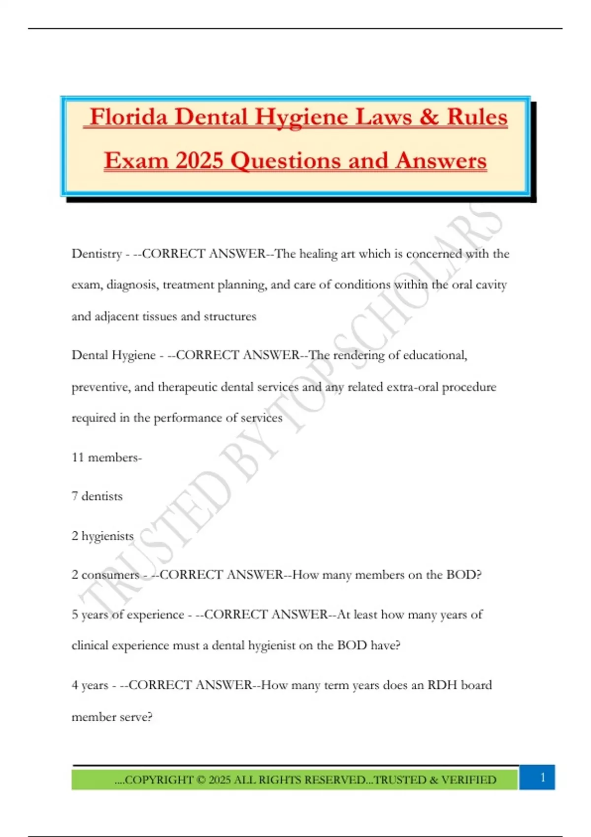 Florida Dental Hygiene Laws & Rules Exam 2025 Questions and Answers ...