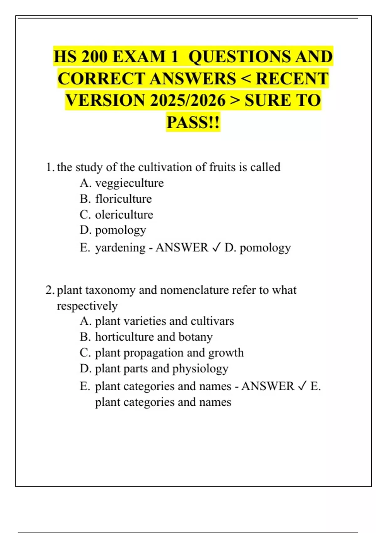 HS 200 EXAM 1 QUESTIONS AND CORRECT ANSWERS RECENT VERSION 2025/2026 SURE TO PASS!! - HS 200 ...