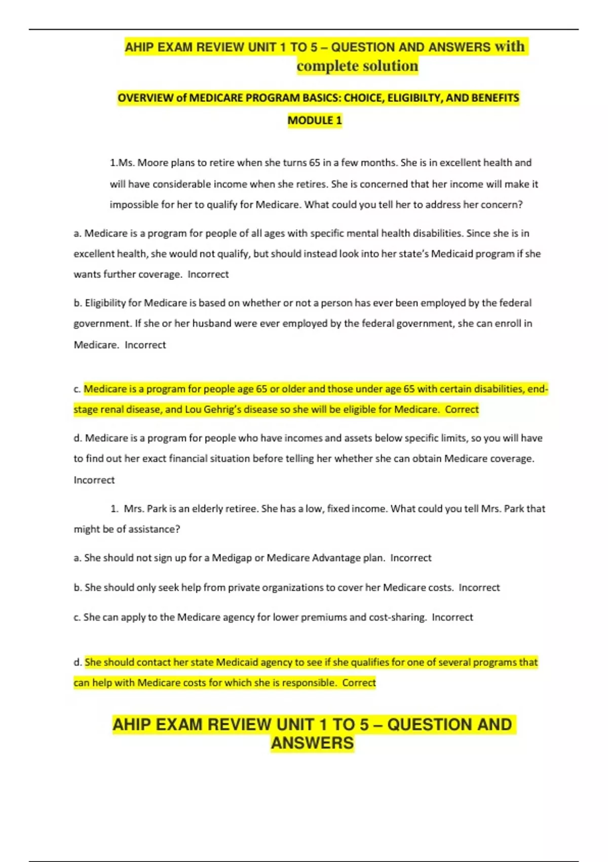 AHIP Exam Review Units 1–5 – Verified Questions & Complete Answers | Medicare Program Basics ...