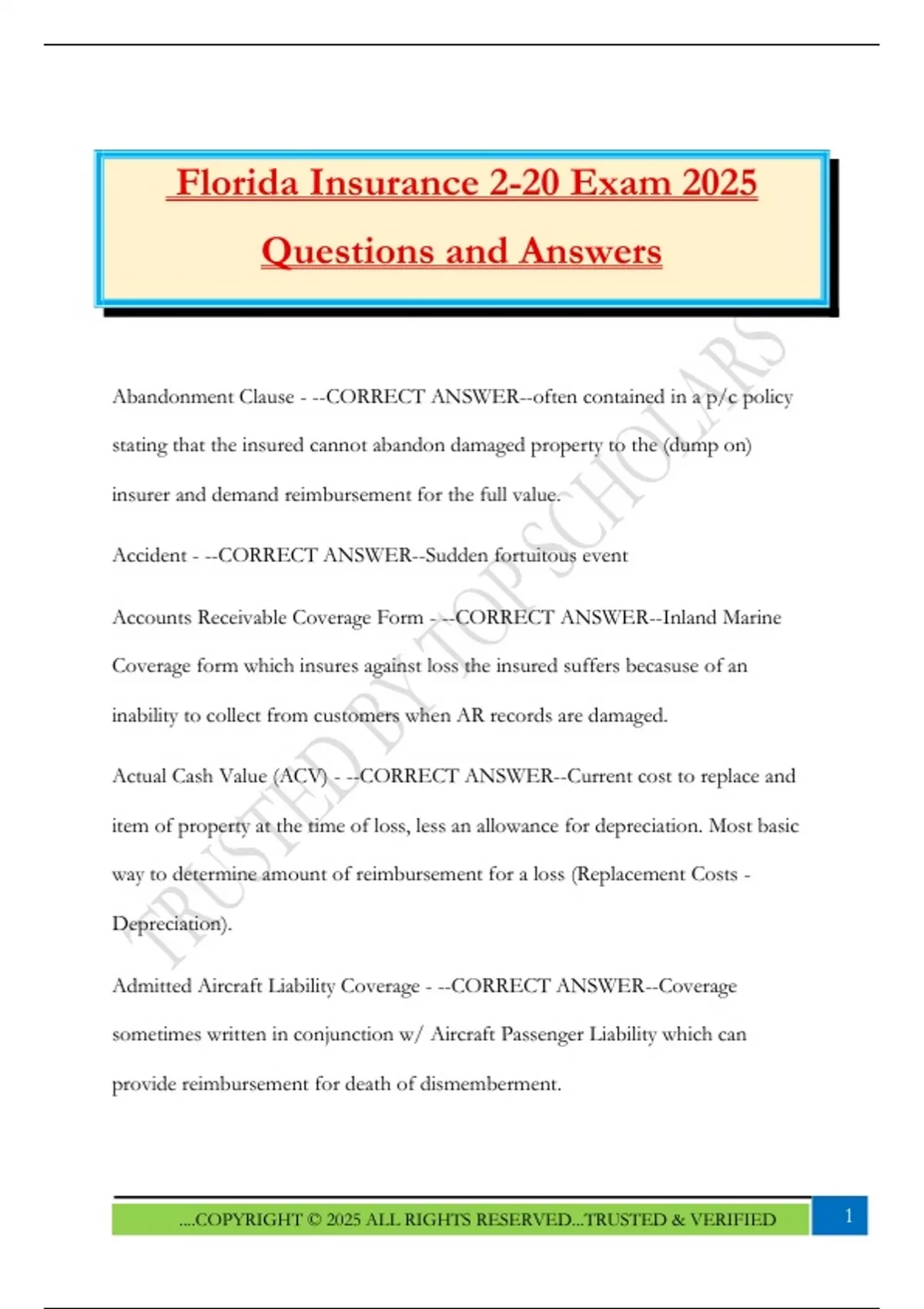 Florida 2-20 Bundled Exams |Questions with Correct Answers |100% Pass ...