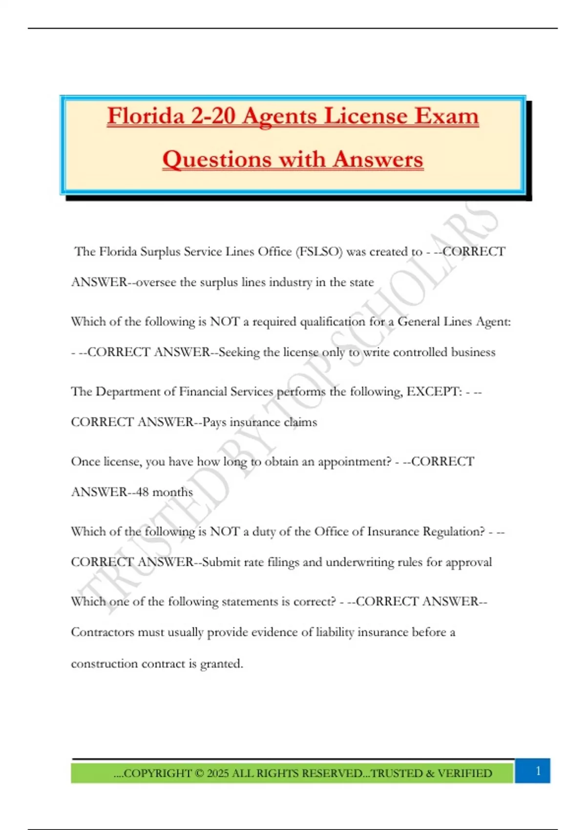 Florida 2-20 Agents License Exam Questions with Answers - Florida 2-20 ...