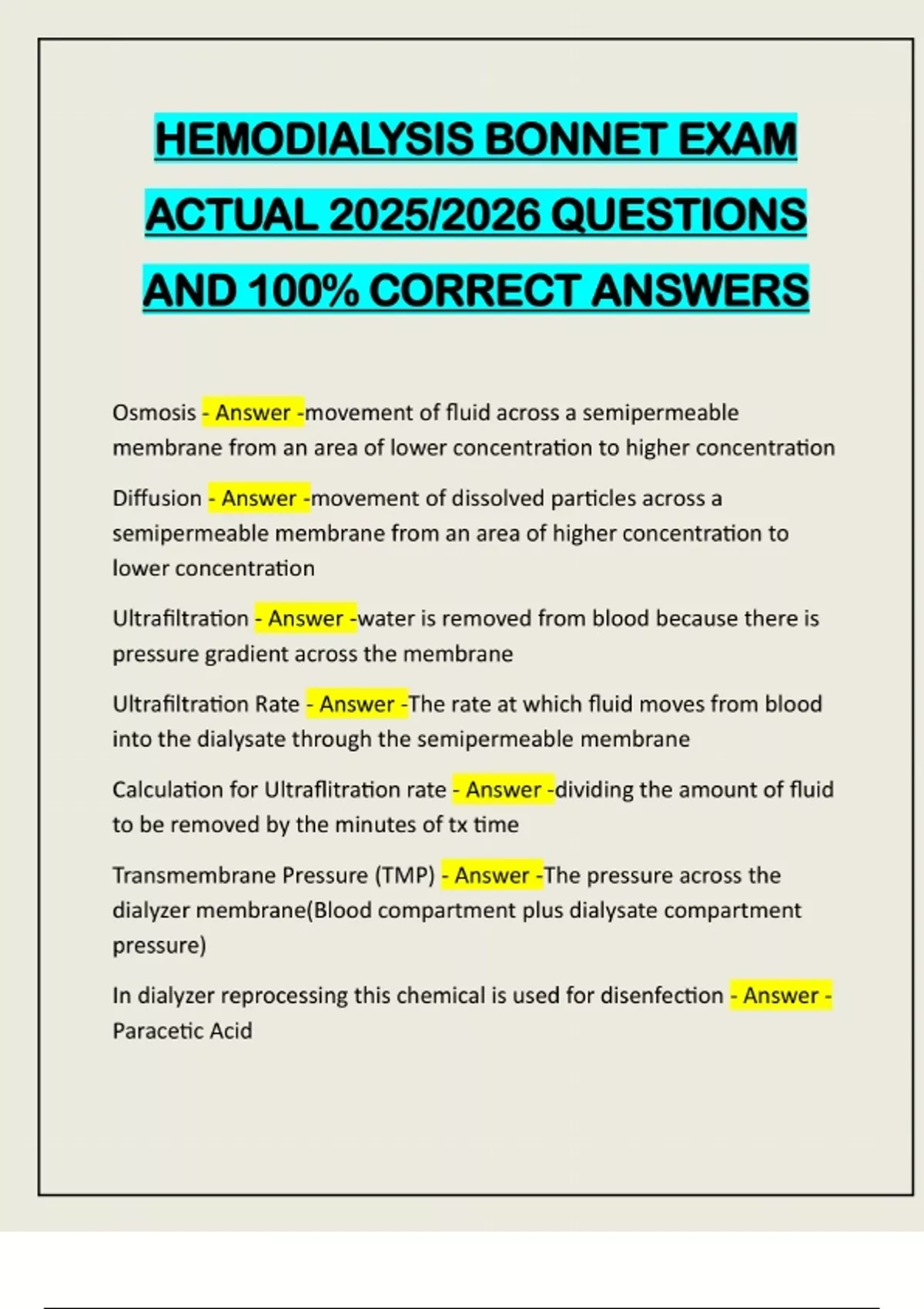 HEMODIALYSIS BONNET EXAM ACTUAL 2025/2026 QUESTIONS AND 100% CORRECT ANSWERS - Hemodialysis ...