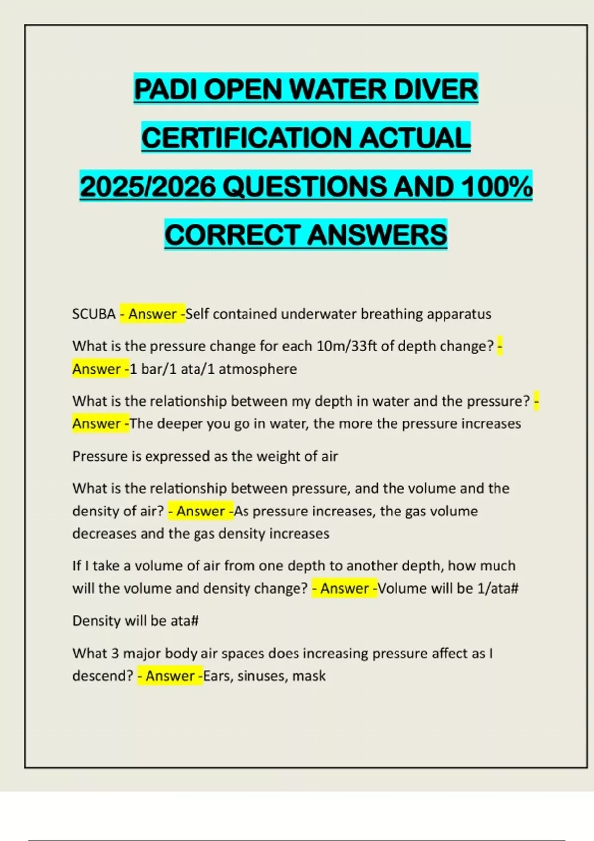 PADI OPEN WATER DIVER CERTIFICATION ACTUAL 2025/2026 QUESTIONS AND 100% ...