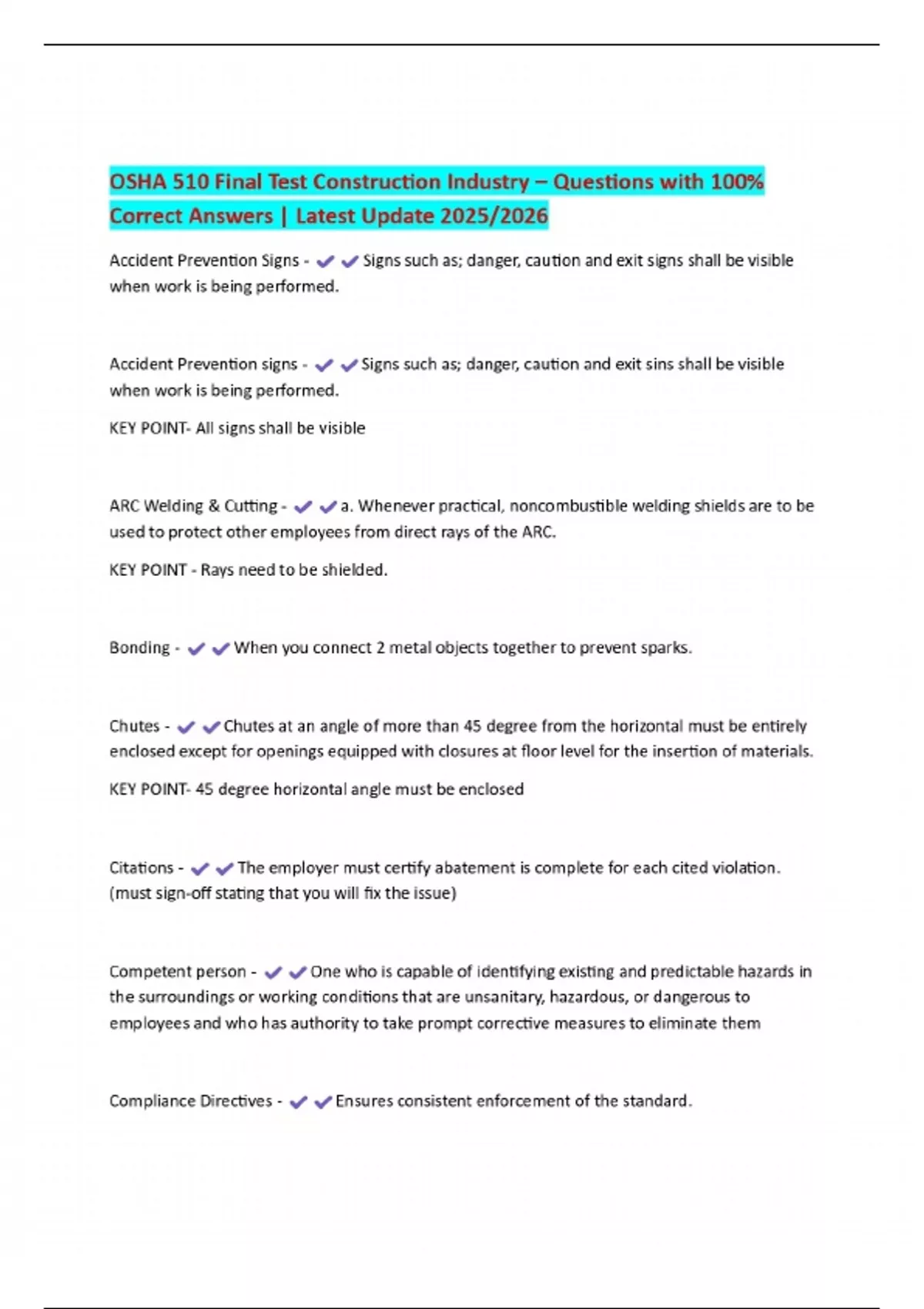 OSHA 510 Final Test Construction Industry – Questions with 100% Correct ...