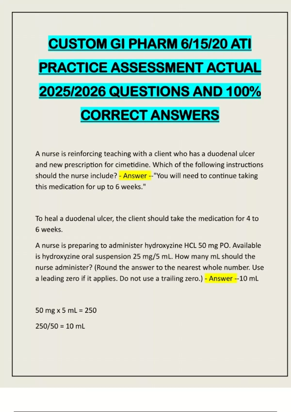 CUSTOM GI PHARM 6/15/20 ATI PRACTICE ASSESSMENT ACTUAL 2025/2026 ...