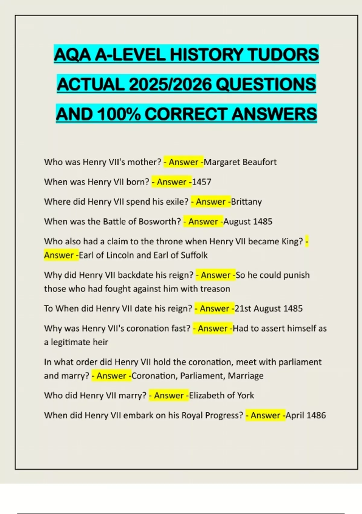 AQA A-LEVEL HISTORY TUDORS ACTUAL 2025/2026 QUESTIONS AND 100% CORRECT ...