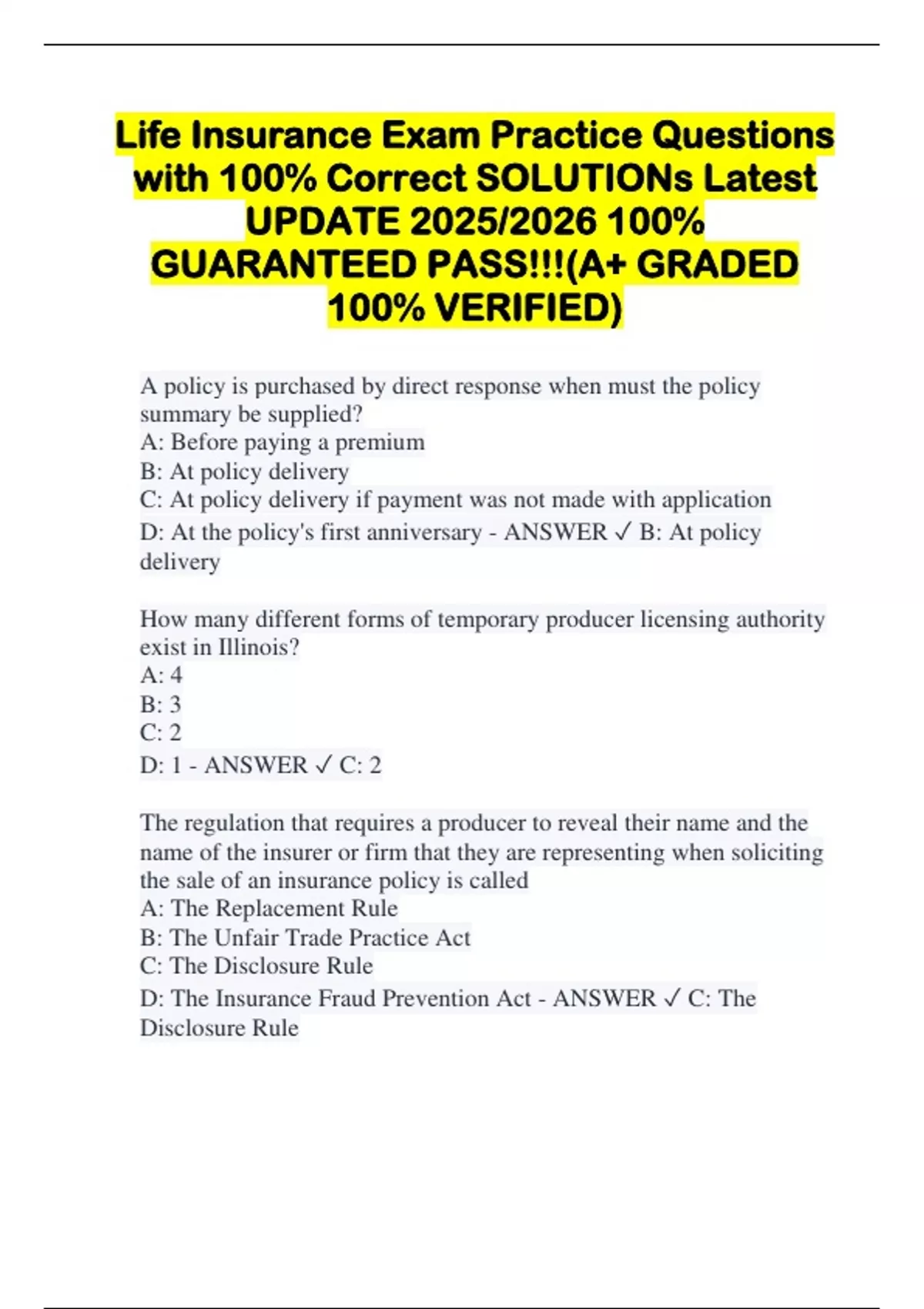 Life Insurance Exam Practice Questions with 100% Correct SOLUTIONs ...