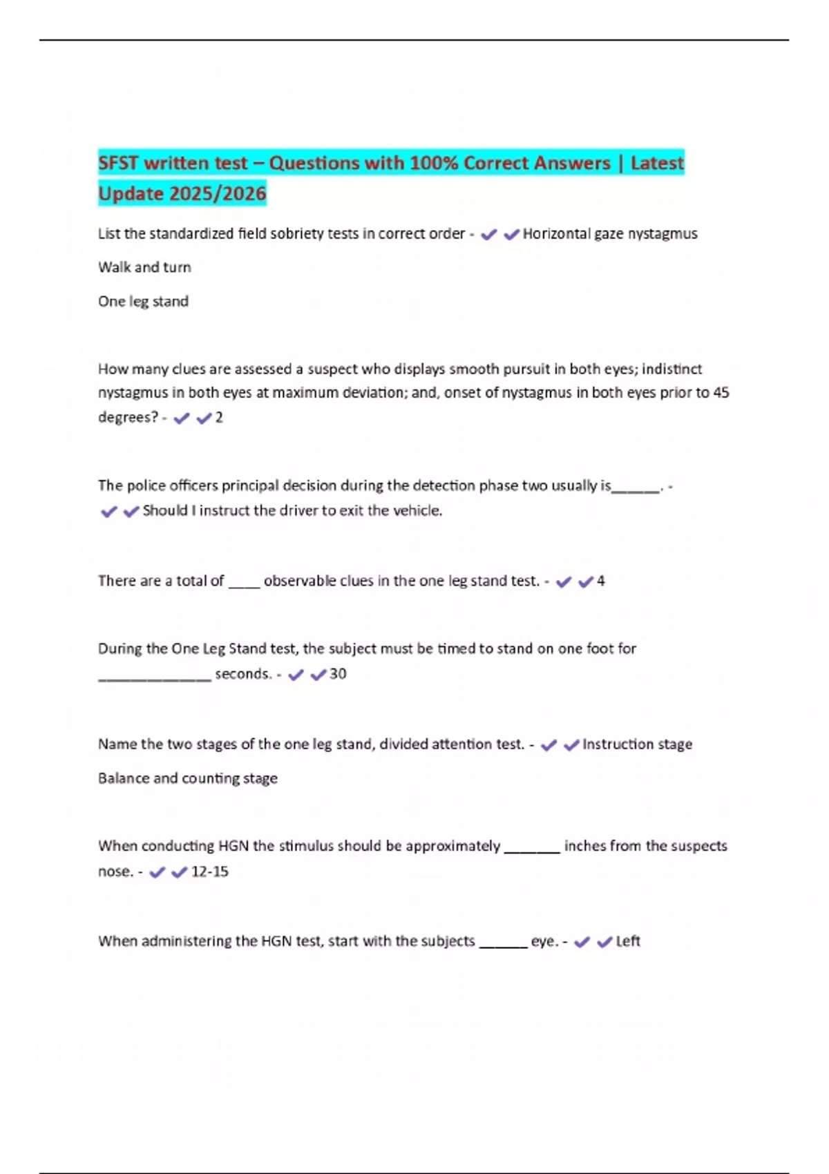 SFST written test – Questions with 100% Correct Answers | Latest Update ...