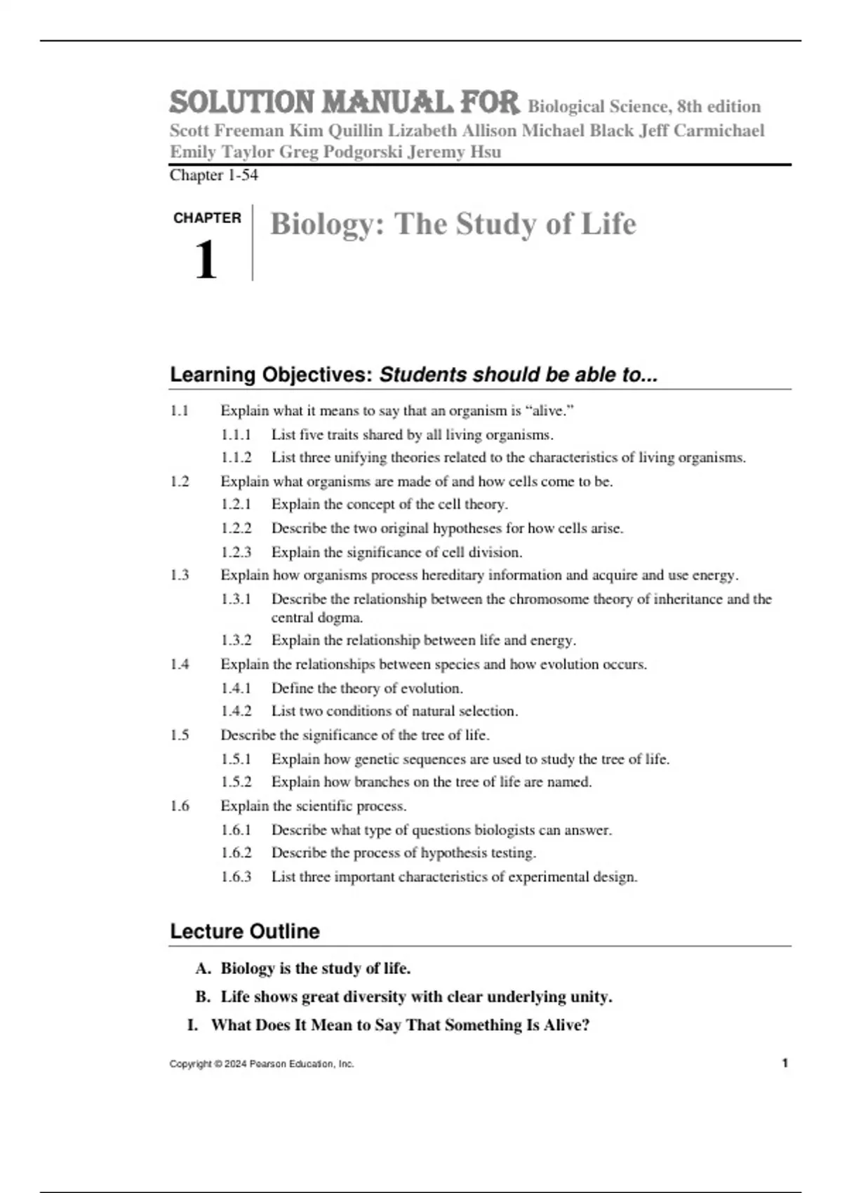 Solution Manual for Biological Science, 8th edition Scott Freeman Kim ...