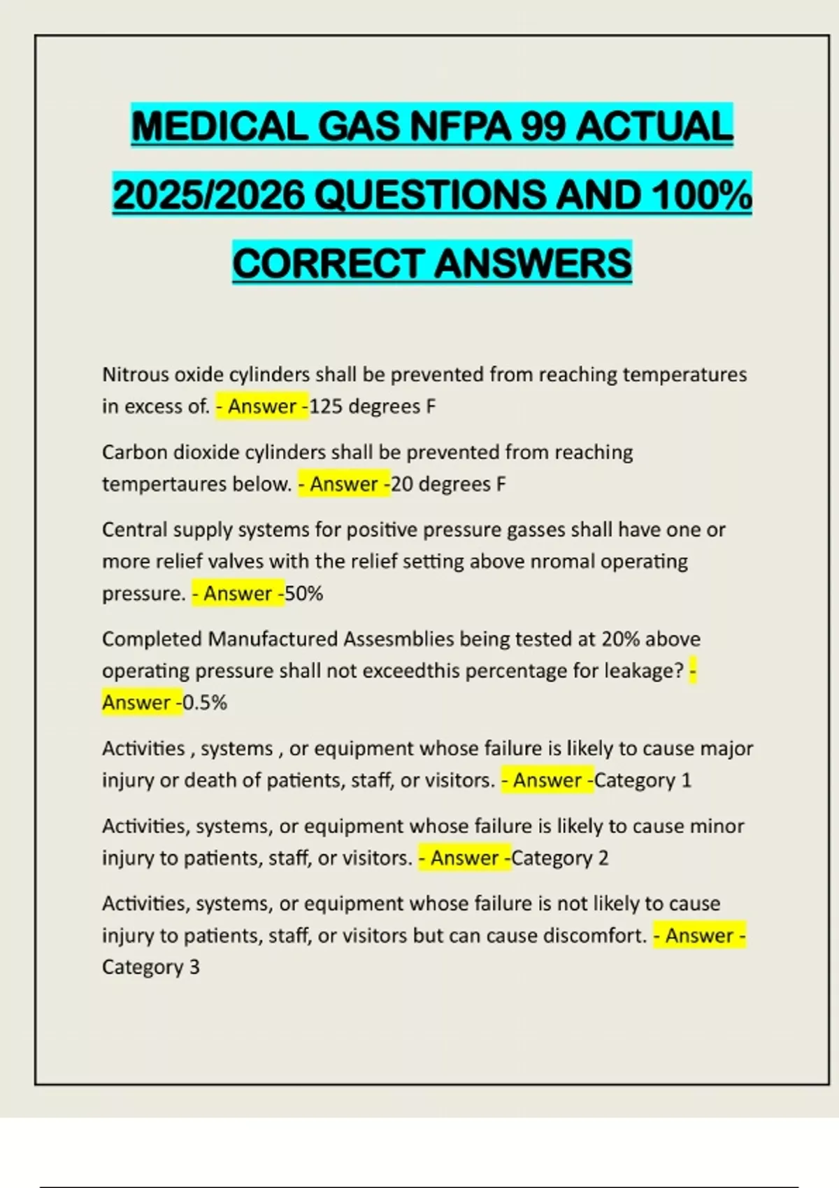 MEDICAL GAS NFPA 99 ACTUAL 2025/2026 QUESTIONS AND 100% CORRECT ANSWERS ...